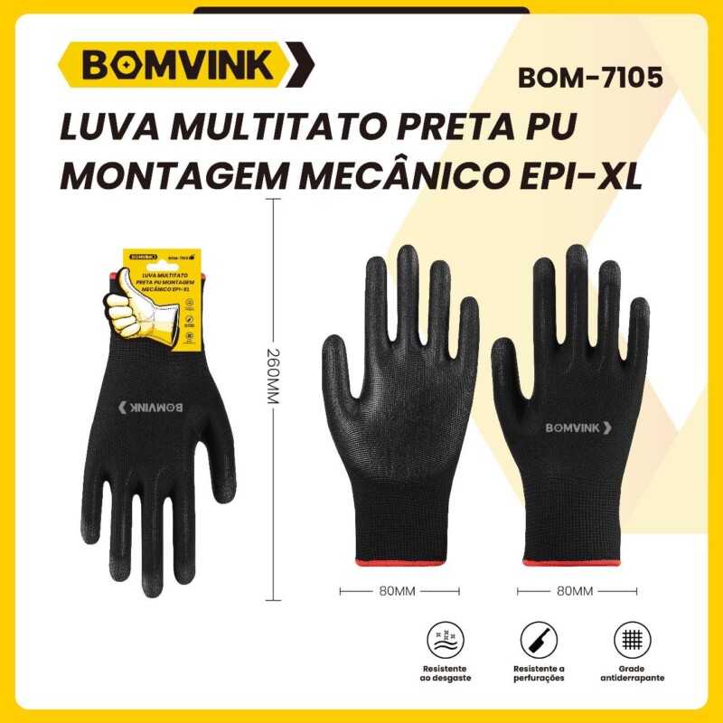 Luva Multitato Preta com PU Montagem, Mecânico EPI-XL BOM-7105 – CJ ...