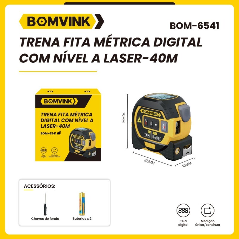 Trena Fita Métrica Digital com Nível a Laser, Alcance de 40M BOM-6541 ...