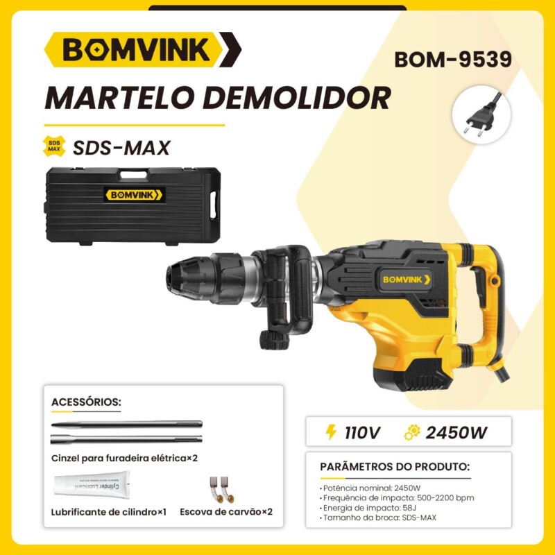 Martelo Demolidor Profissional 500 x 2200BPM, 110V – 2450W. Broca SDS ...