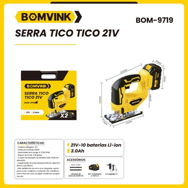 Serra Tico Tico Profissional 21V, 350 com 10 Baterias Li-ion. BOM-9719 ...