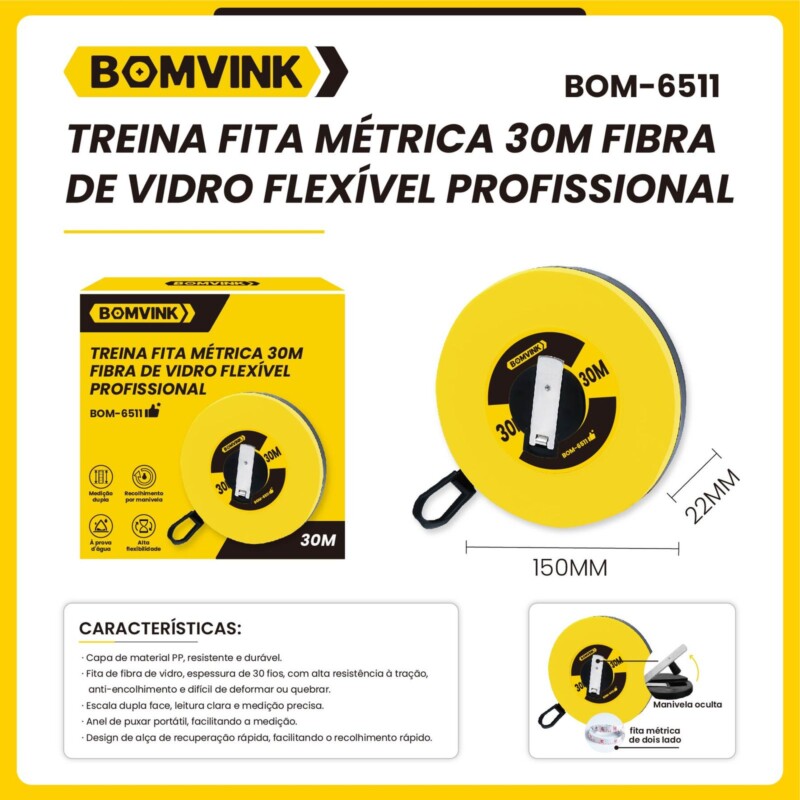 Trena Fita Métrica Profissional C/ Fibra De Vidro Flexível 30m BOMVINK ...
