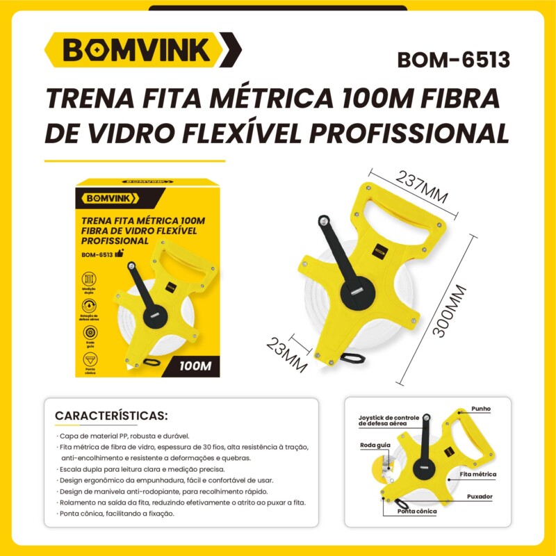 TRENA FITA MÉTRICA 100M FIBRA DE VIDRO FLEXÍVEL BOMVINK BOM-6513 – CJ ...